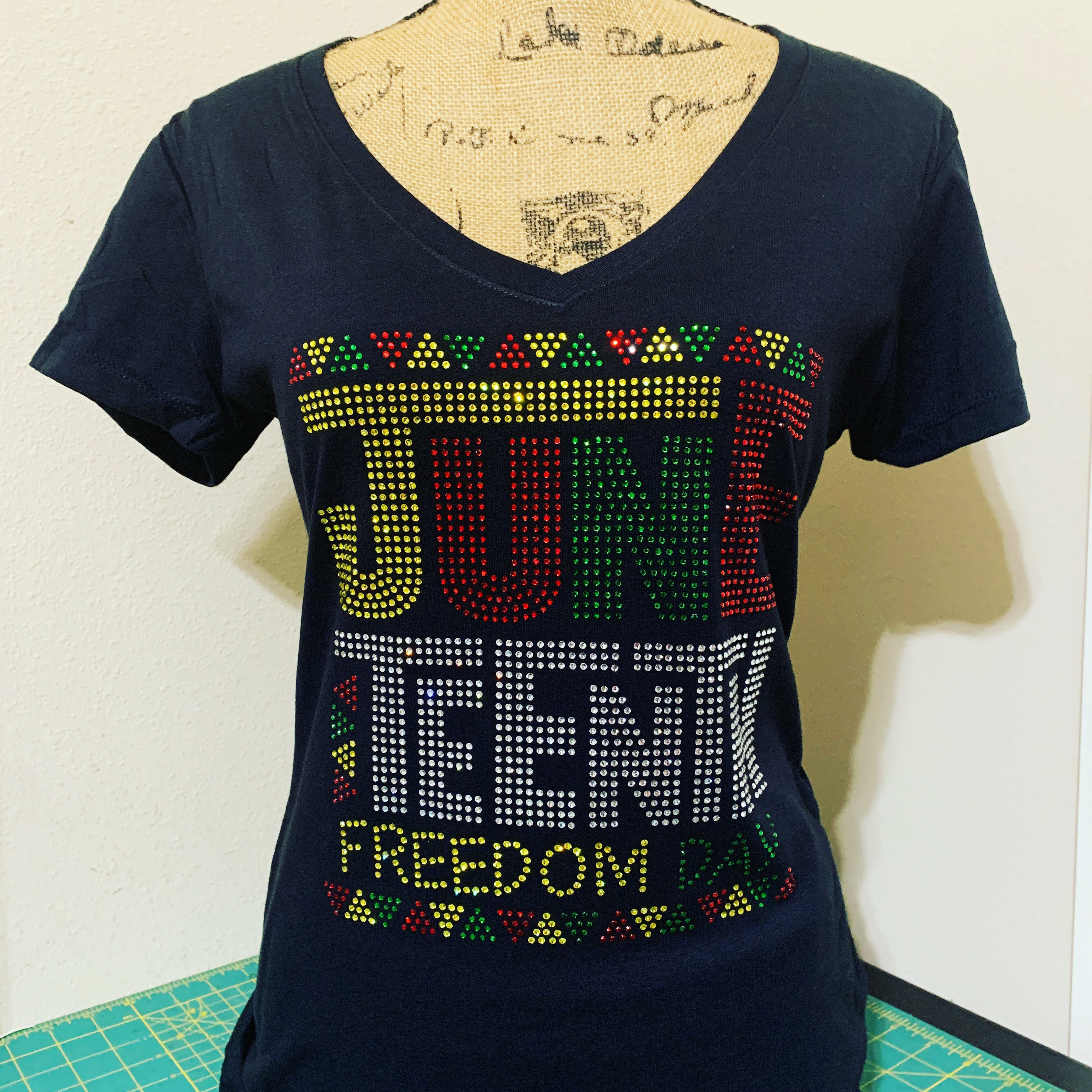 Juneteenth Freedom Day Rhinestone Black Shirt – Arika Made